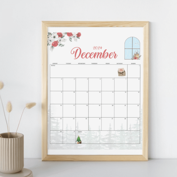 EDITABLE December 2024 Calendar, Trees and Flowers - Printable Works
