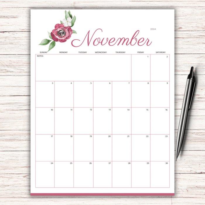 EDITABLE November 2024 Calendar, Stylish and Elegant - Printable Works