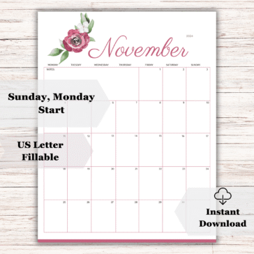 EDITABLE November 2024 Calendar, Stylish and Elegant - Printable Works