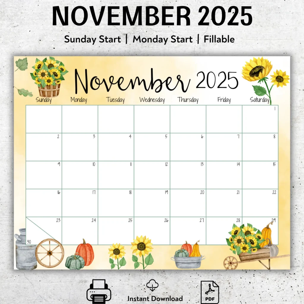 November 2025 Sunflower Calendar - Printable Works