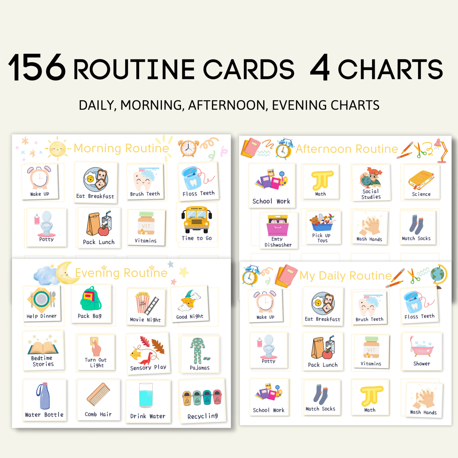 156 Kids Daily Routine Cards, Printable - Printable Works
