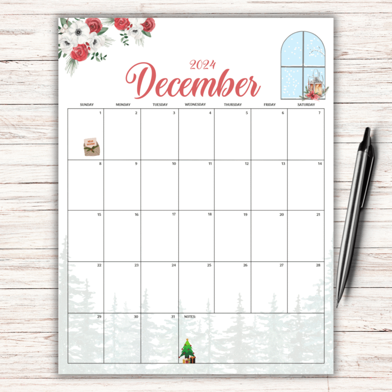 EDITABLE December 2024 Calendar, Trees and Flowers - Printable Works