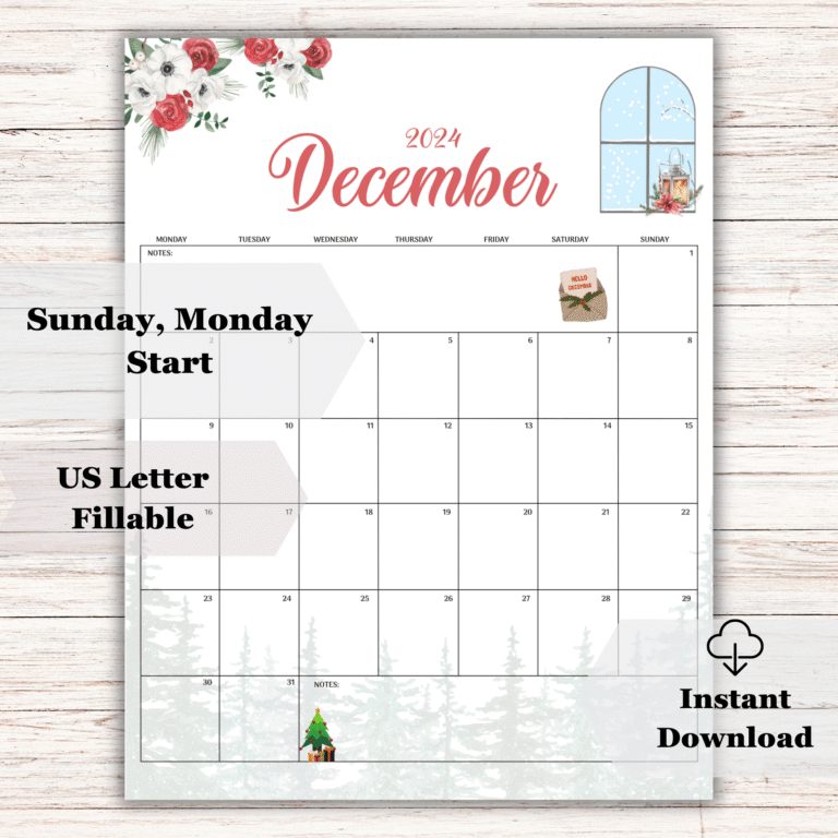 EDITABLE December 2024 Calendar, Trees and Flowers - Printable Works