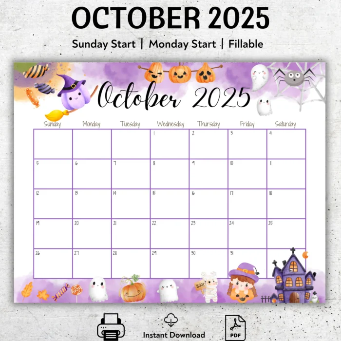 October 2025 Calendar Halloween Theme - Printable Works
