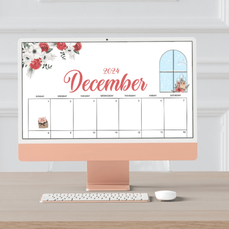 EDITABLE December 2024 Calendar, Trees and Flowers - Printable Works