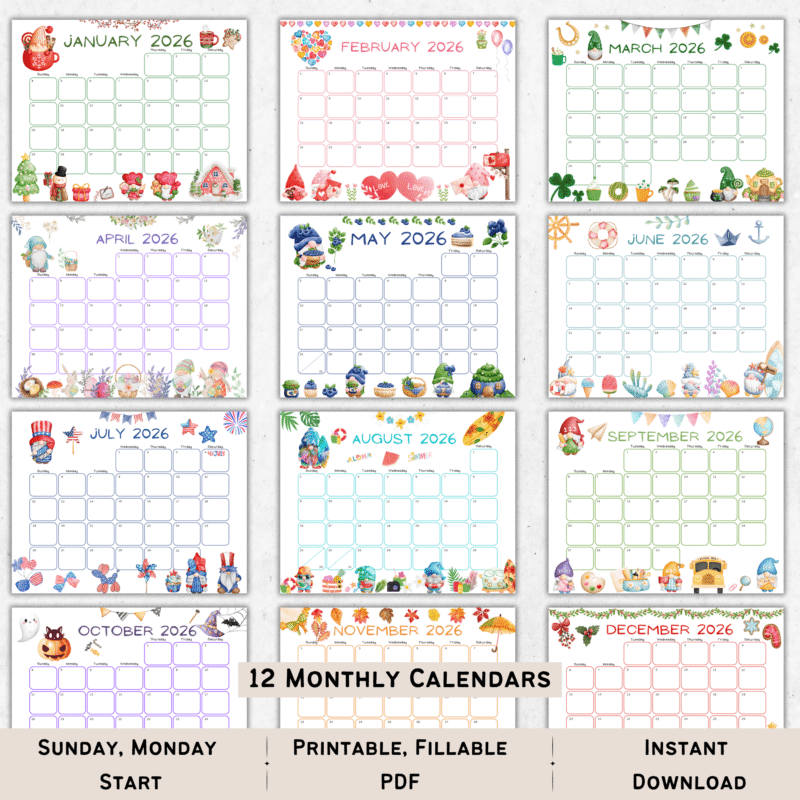 Printable 2026 Calendar - Cute Gnomes - Printable Works