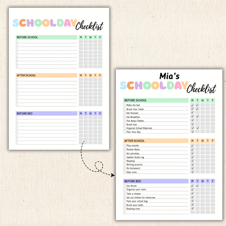 Schoolday Checklist for Kids, Editable, Printable - Printable Works