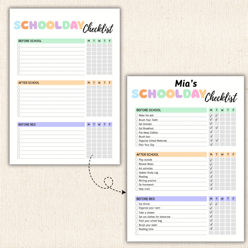Schoolday Checklist, Editable - Printable Works