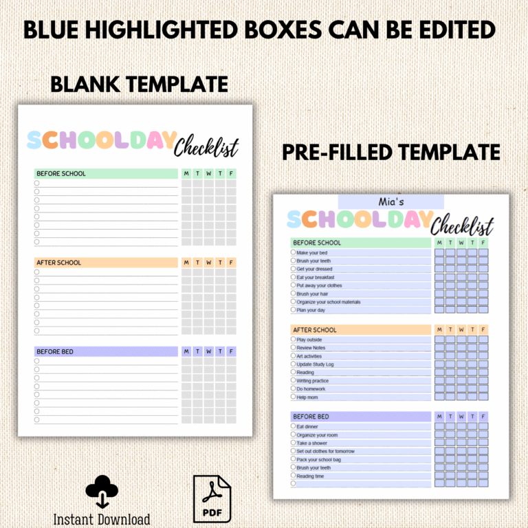 Schoolday Checklist for Kids, Editable, Printable - Printable Works