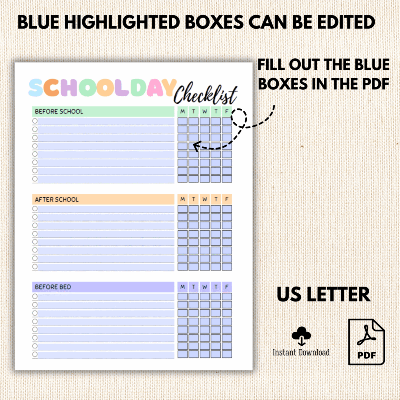 Schoolday Checklist, Editable - Printable Works
