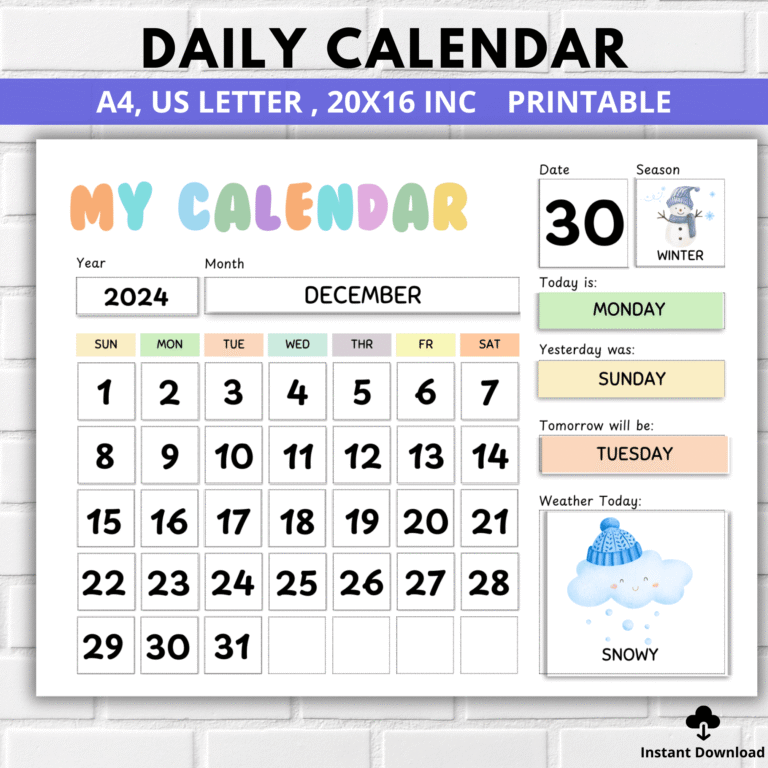 Kids Daily Calendar for Learning Days - Printable Works