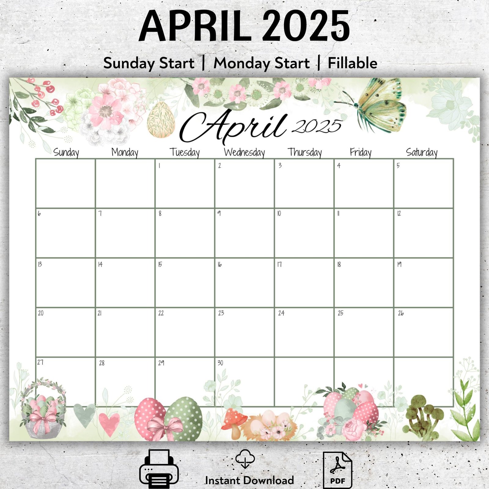 April 2025 Calendar with Easter Eggs - Printable Works