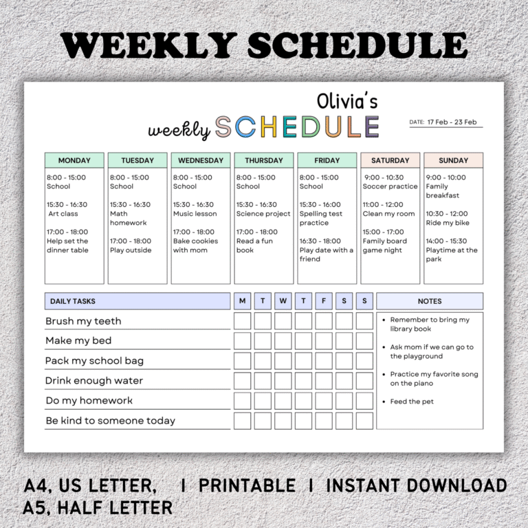 Weekly Schedule for Kids, Weekly Planner - Printable Works