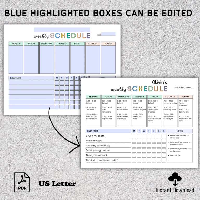 Weekly Schedule for Kids, Weekly Planner - Printable Works