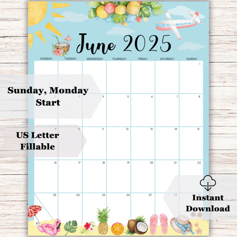 June 2025 Vacation Theme Printable Calendar - Printable Works