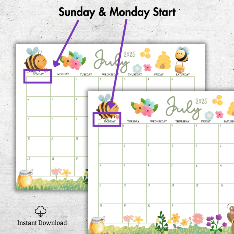 July 2025 Bee Themed Calendar Printable - Printable Works