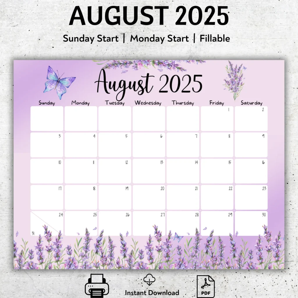 Lavender August 2025 Calendar - Printable Works