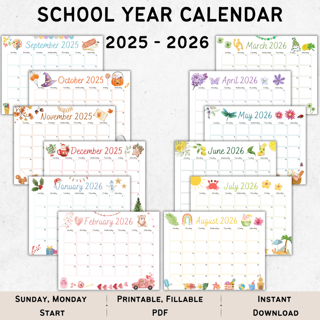 Editable Academic Calendar 2025-2026 - Printable Works