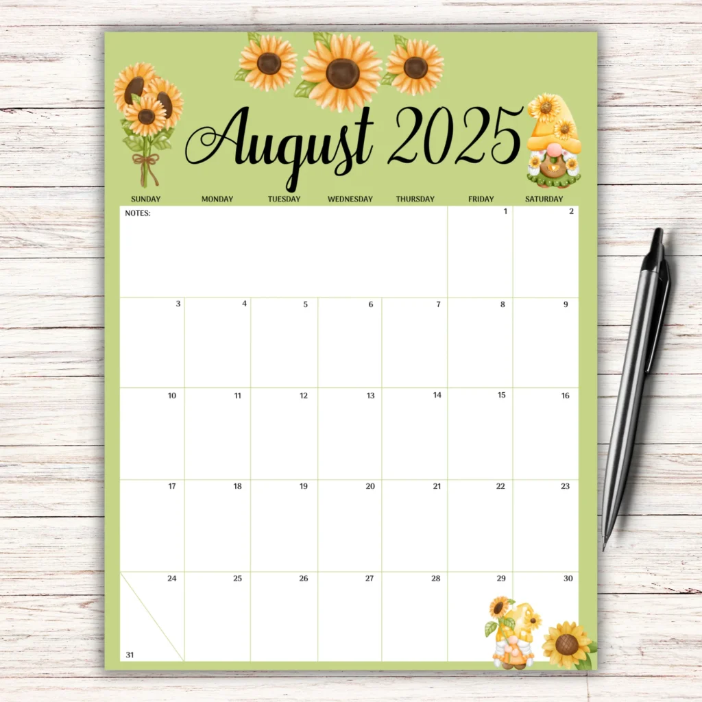 Sunflower August 2025 Calendar - Printable Works